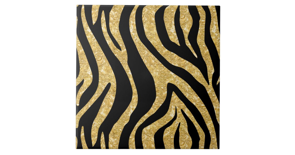 Black gold tiger stripe pattern ceramic tile | Zazzle