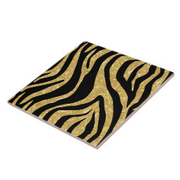 Black gold tiger stripe pattern ceramic tile | Zazzle
