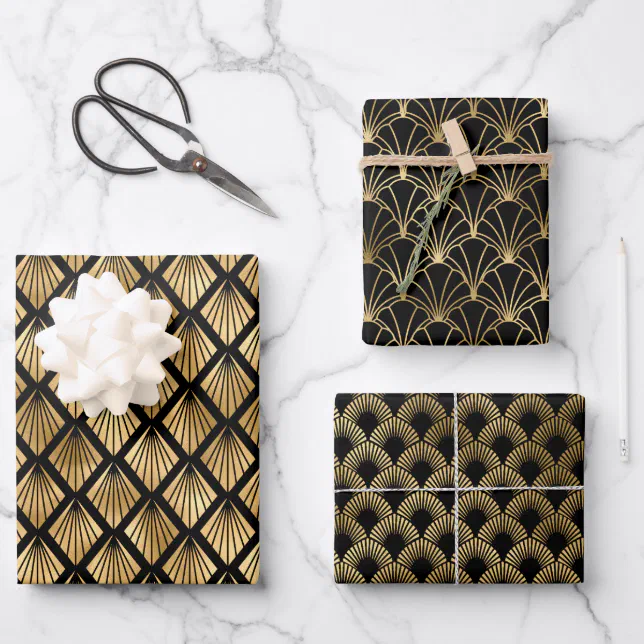 Black gold tiled party art deco wrapping paper sheets | Zazzle