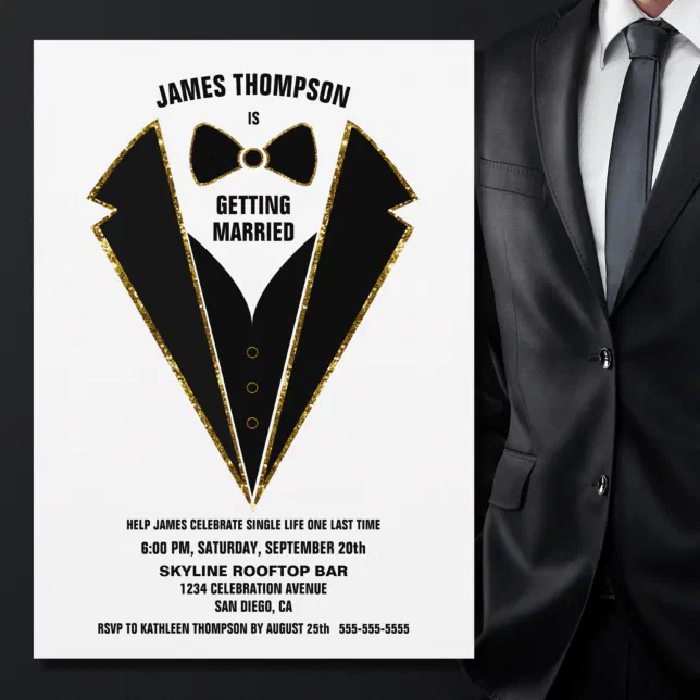 Black Gold Tuxedo Bachelor Party Invitation | Zazzle