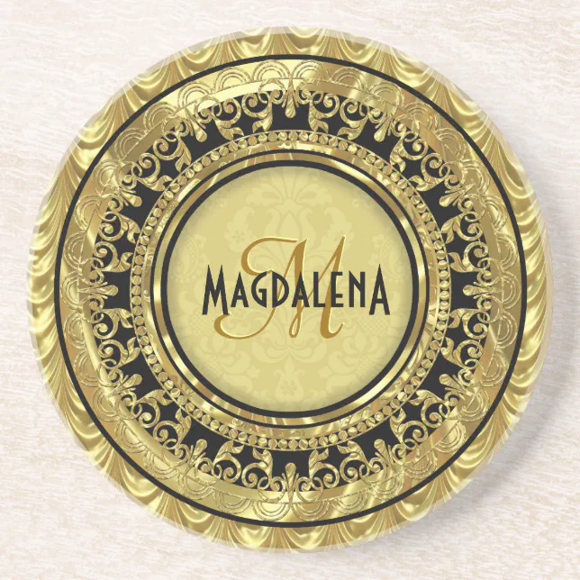 Black & Gold Vintage Floral Damasks-Monogram Drink Coaster | Zazzle