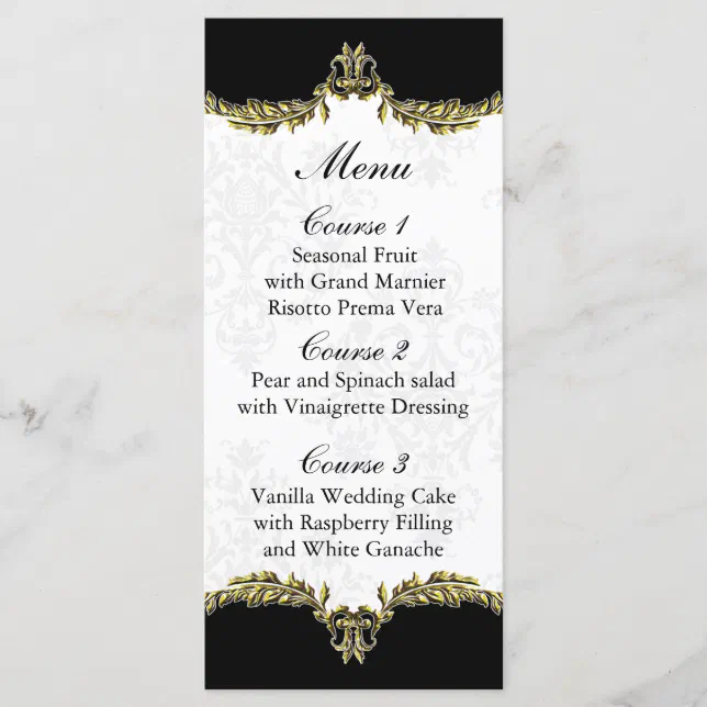 black gold wedding menu | Zazzle