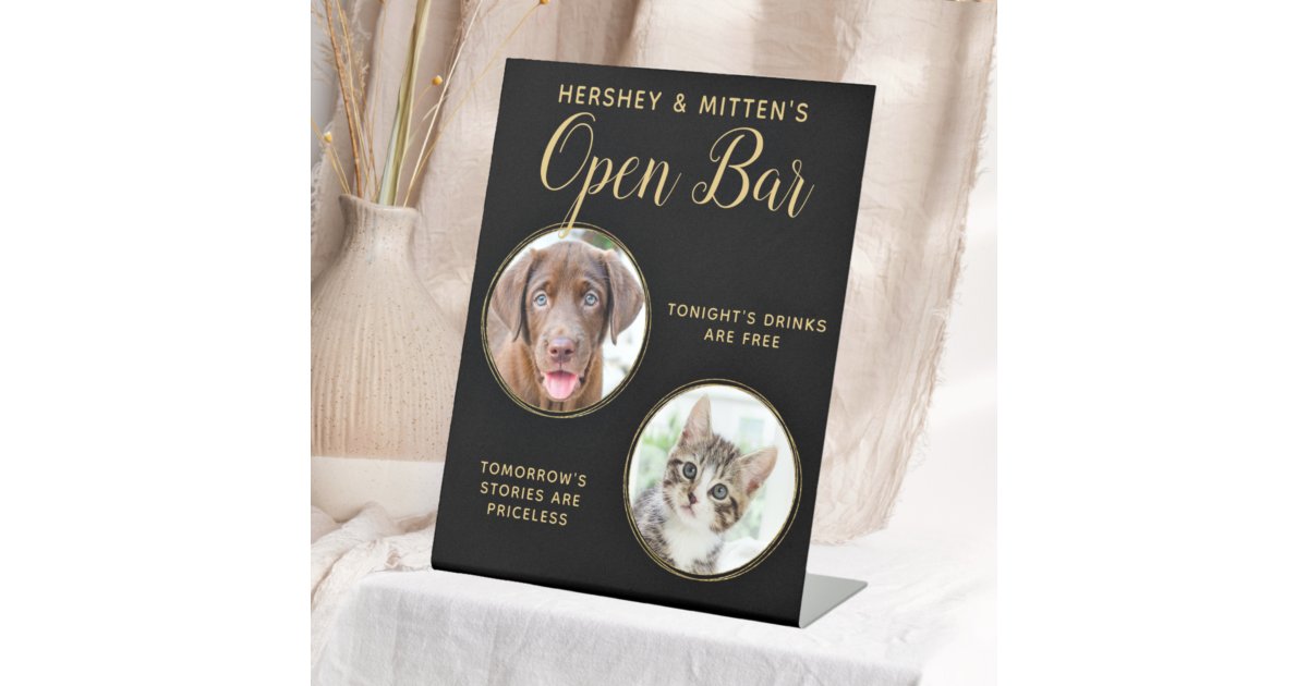 Black Gold Wedding Pet Dog Open Bar Custom 2 Photo Pedestal Sign | Zazzle