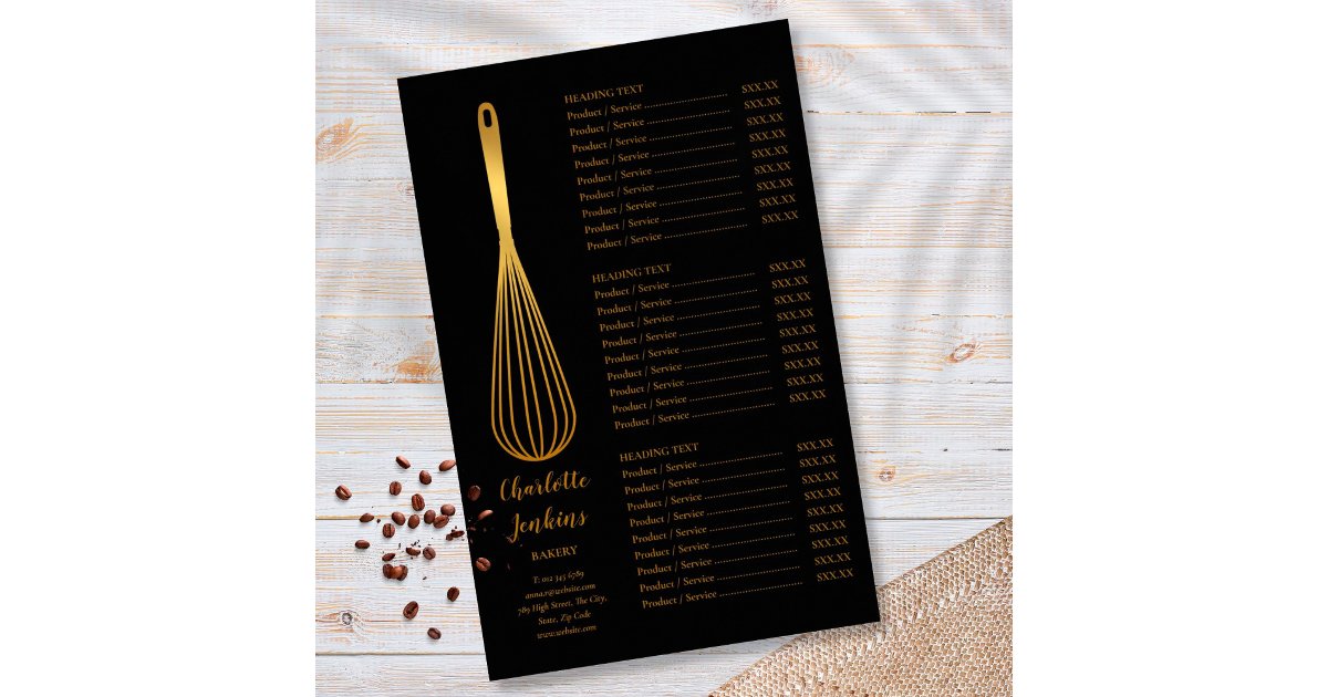 Black Gold Whisk Bakery Patisserie Service Menu Flyer | Zazzle