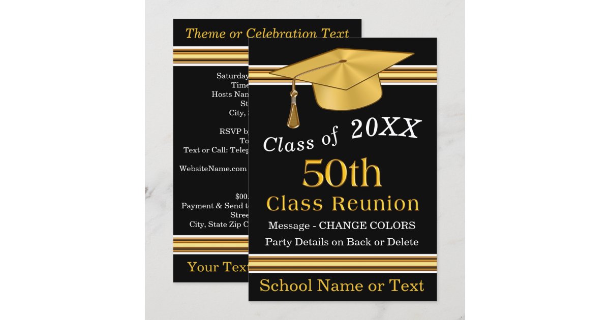 Black, Gold, White 50th Class Reunion Invitations | Zazzle