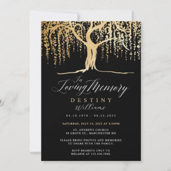 Black & Gold Willow Tree Loving Memory Funeral Invitation | Zazzle