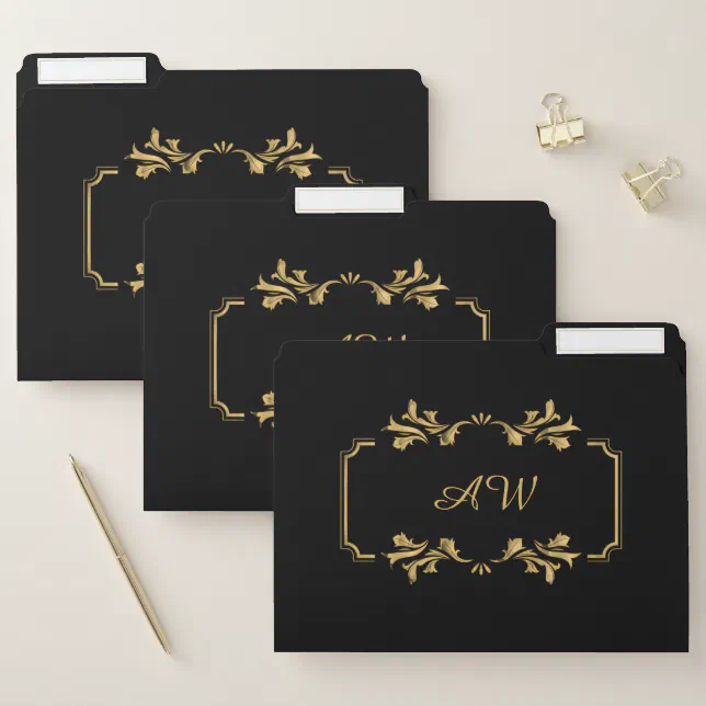 Black Golden Frame Monogram Customizable Folders | Zazzle