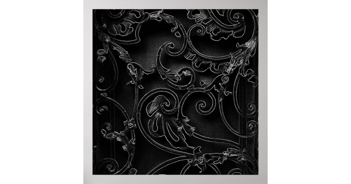 Black gothic baroque swirl pattern poster | Zazzle