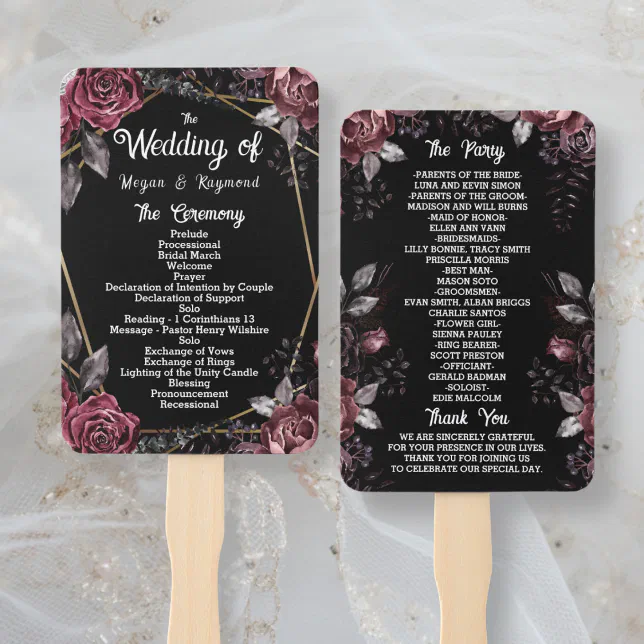 Black Gothic Floral Wedding Program Hand Fan | Zazzle