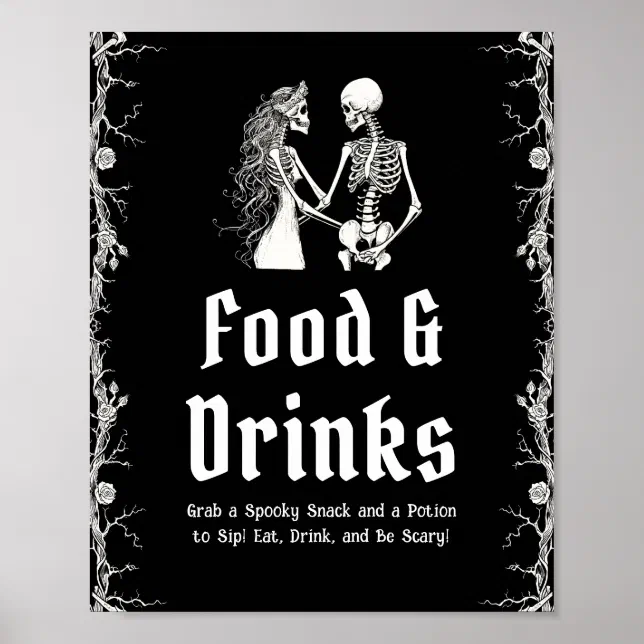 Black Gothic Halloween Skeleton Food & Drinks Sign | Zazzle
