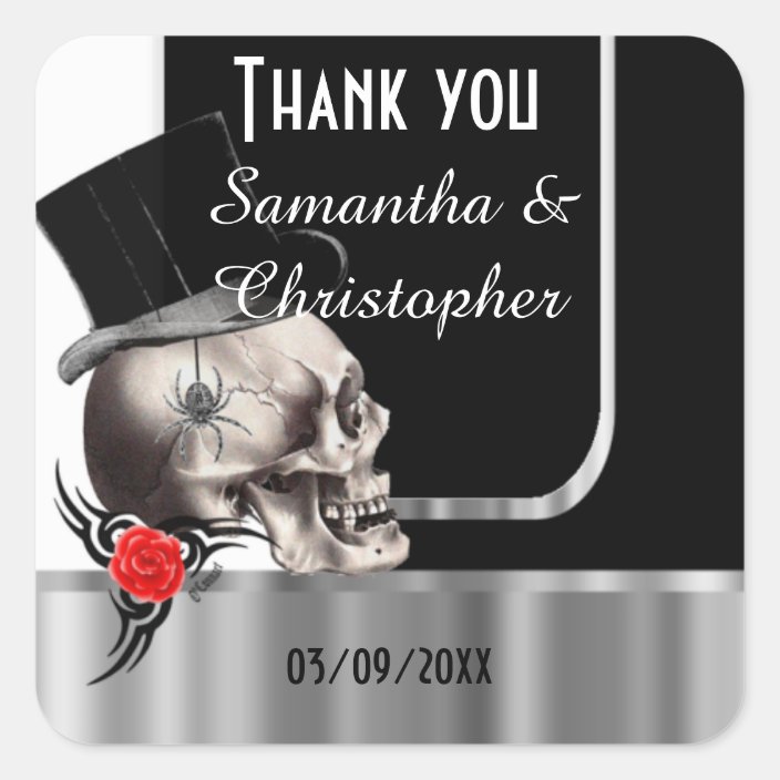 Black gothic skull wedding thank you square sticker | Zazzle.com