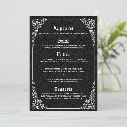 Black Gothic Victorian Damask Wedding Menus | Zazzle