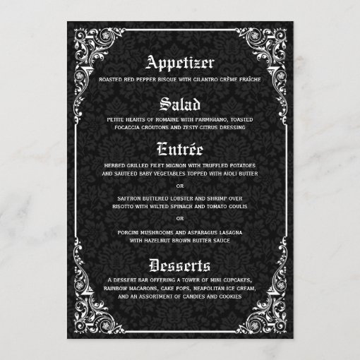 Black Gothic Victorian Damask Wedding Menus | Zazzle