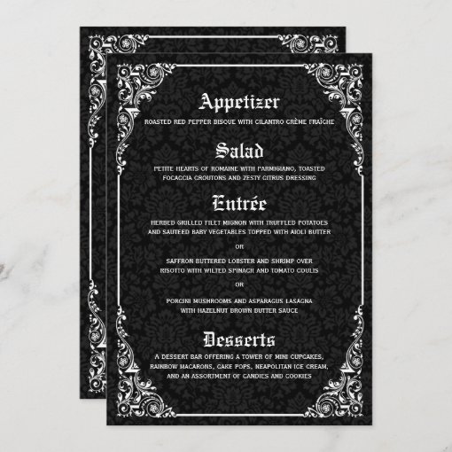 Black Gothic Victorian Damask Wedding Menus | Zazzle