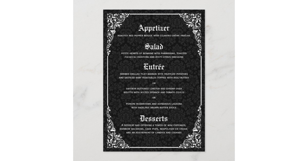 Black Gothic Victorian Damask Wedding Menus | Zazzle