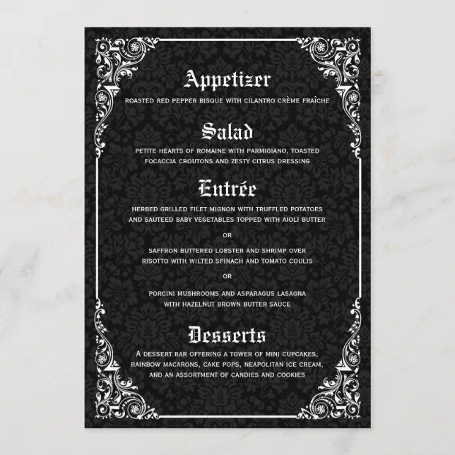 Black Gothic Victorian Damask Wedding Menus | Zazzle