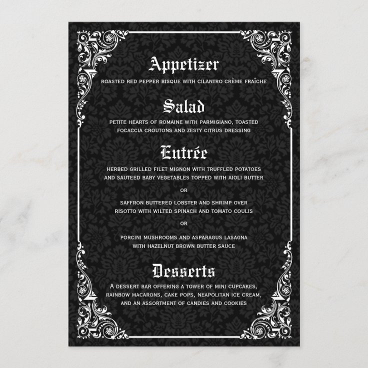 Black Gothic Victorian Damask Wedding Menus | Zazzle
