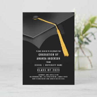 Black Grad Cap Black Graduation Party Invitation | Zazzle