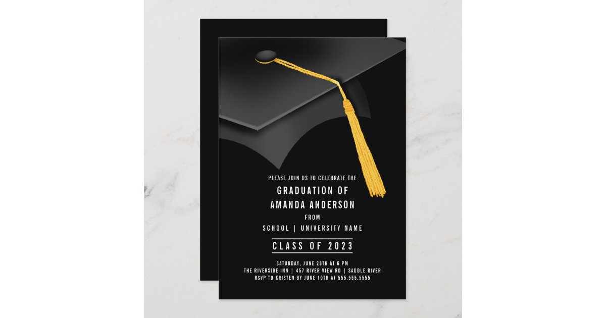 Black Grad Cap Black Graduation Party Invitation | Zazzle
