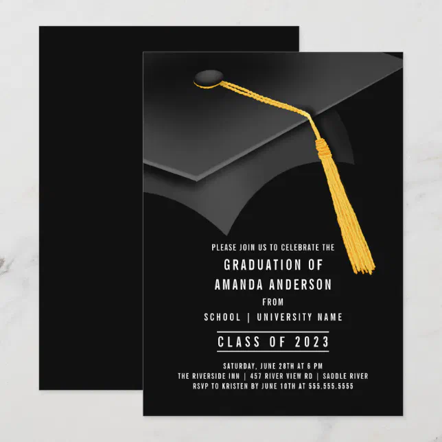 Black Grad Cap Black Graduation Party Invitation | Zazzle