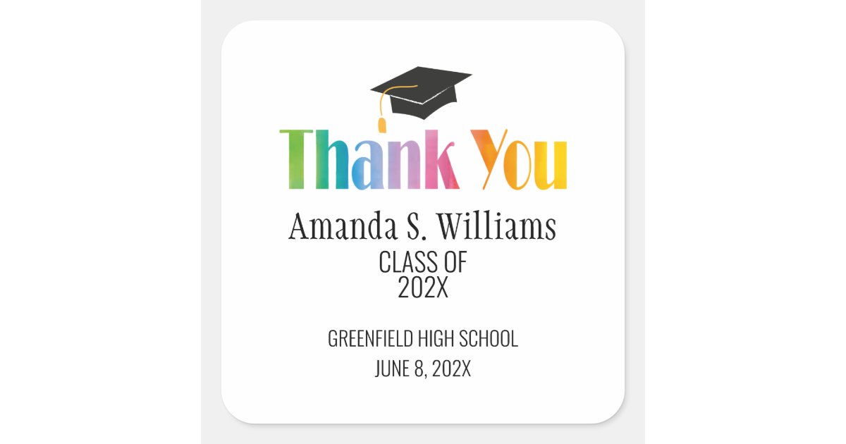 Black Grad Cap Graduation Thank You Square Sticker | Zazzle
