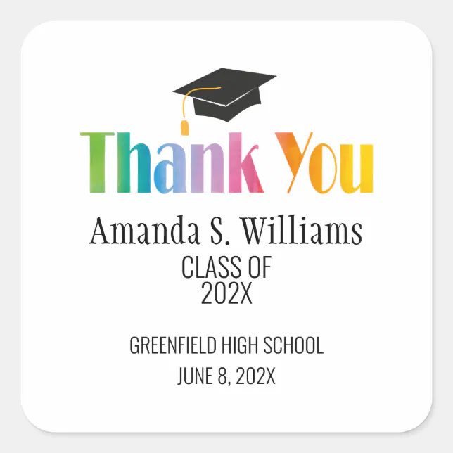 Black Grad Cap Graduation Thank You Square Sticker | Zazzle