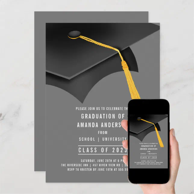 Black Grad Cap Gray Graduation Party Invitation | Zazzle