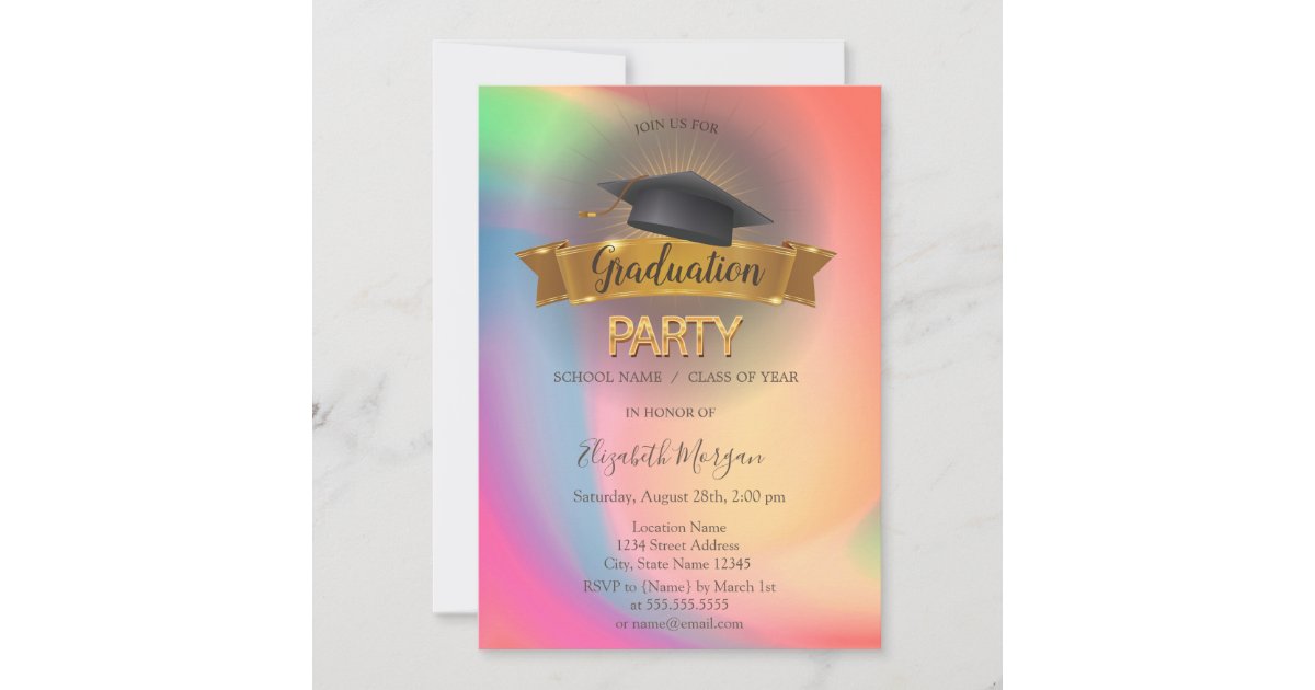 Black Grad Cap Rainbow Colorful Graduation Party Invitation | Zazzle