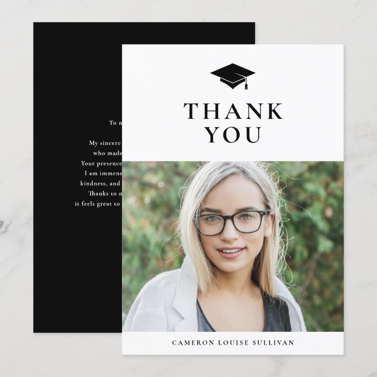 Black Graduate Cap Classic Photo Graduation Thank You Card | Zazzle