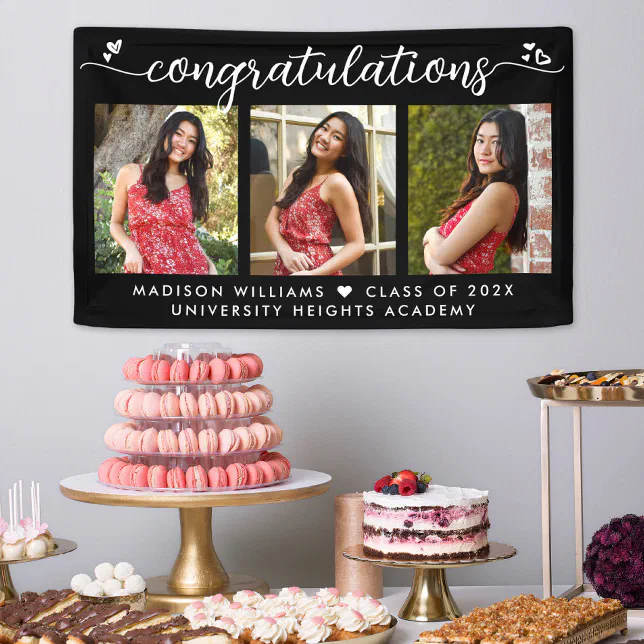 Black Graduation 3 Photo Modern Calligraphy Hearts Banner | Zazzle