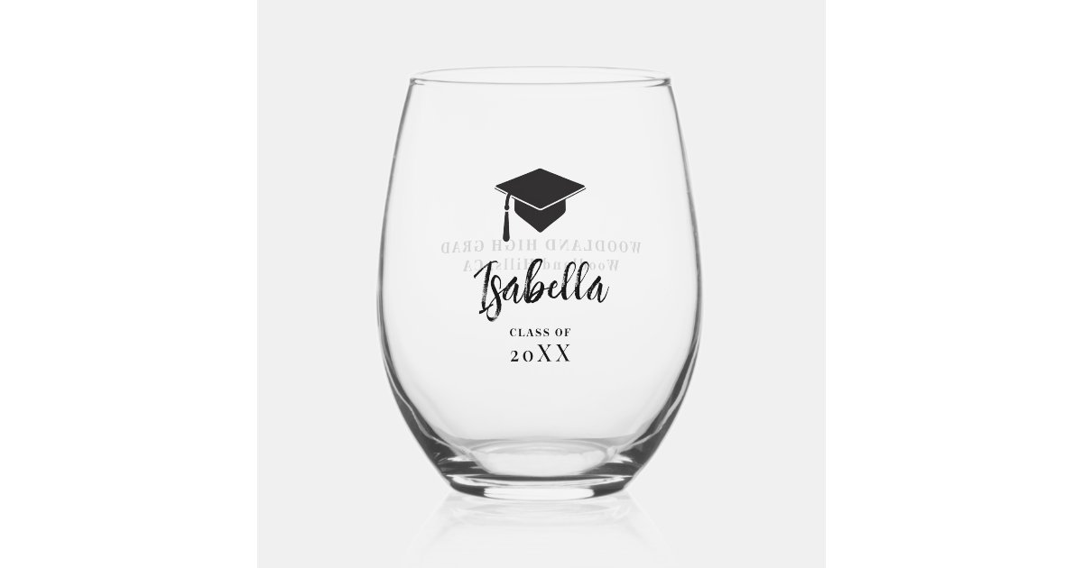 Black Graduation Cap Calligraphy Custom Grad Gift Stemless Wine Glass ...