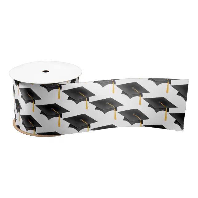 Black Graduation Caps On White Satin Ribbon | Zazzle