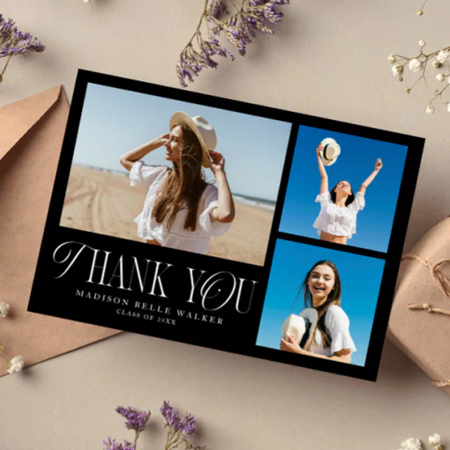 Black Graduation Thank You Elegant Photo Collage | Zazzle