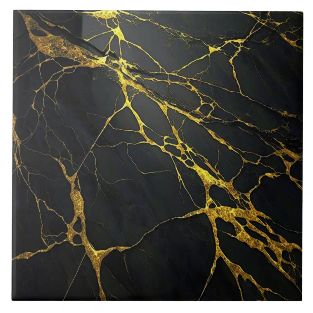 Black Granite with Gold Veins Ceramic Tile | Zazzle