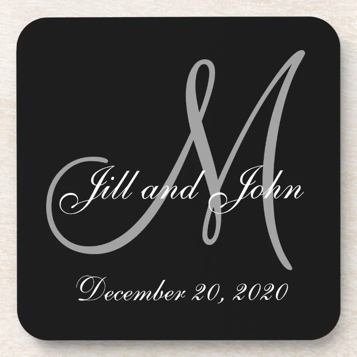 Black Gray Elegant Monogram Wedding Drink Coaster | Zazzle