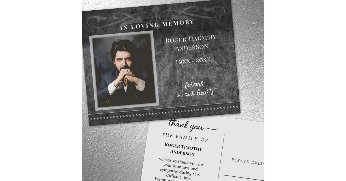 Black Gray Photo In Loving Memory Thank You Postcard | Zazzle