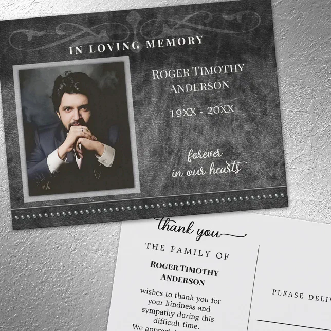 Black Gray Photo In Loving Memory Thank You Postcard | Zazzle