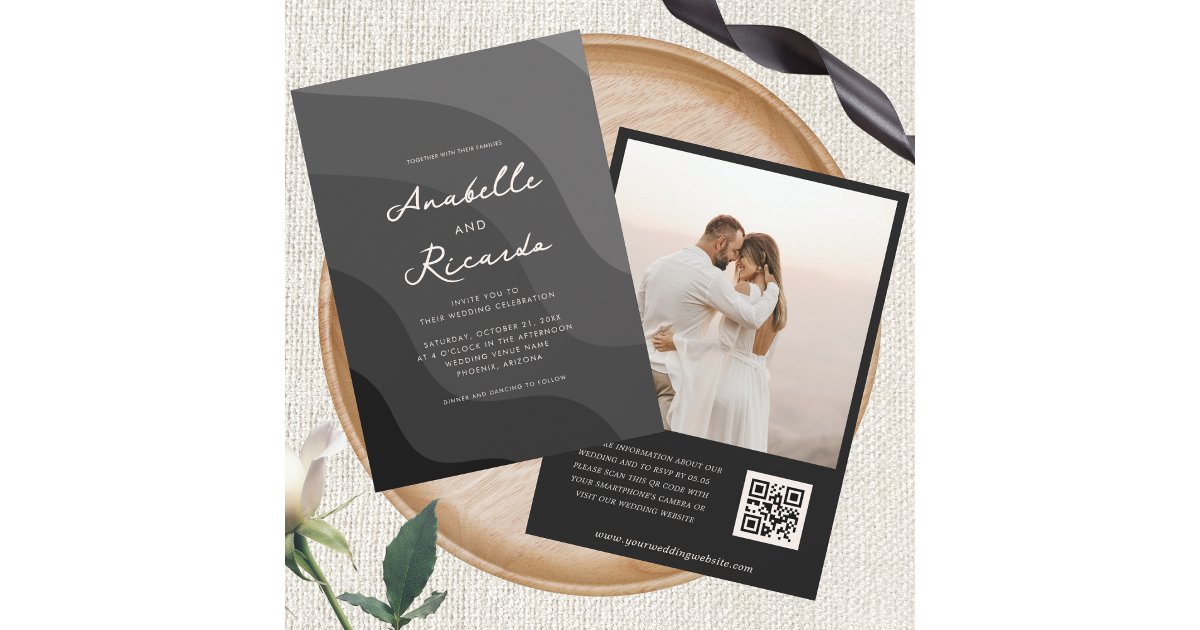 Black Gray Wavy Geometric QR Code Photo Wedding Invitation | Zazzle