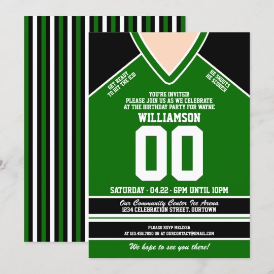 Black/Green Hockey Jersey Birthday Party Invitation | Zazzle.com