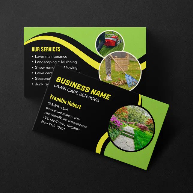 Black Green Lawn Care Landscaping Mowing 3 Photo Business Card | Zazzle
