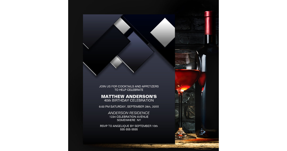 Black Grey 40th Cocktail Birthday Party Invitation | Zazzle
