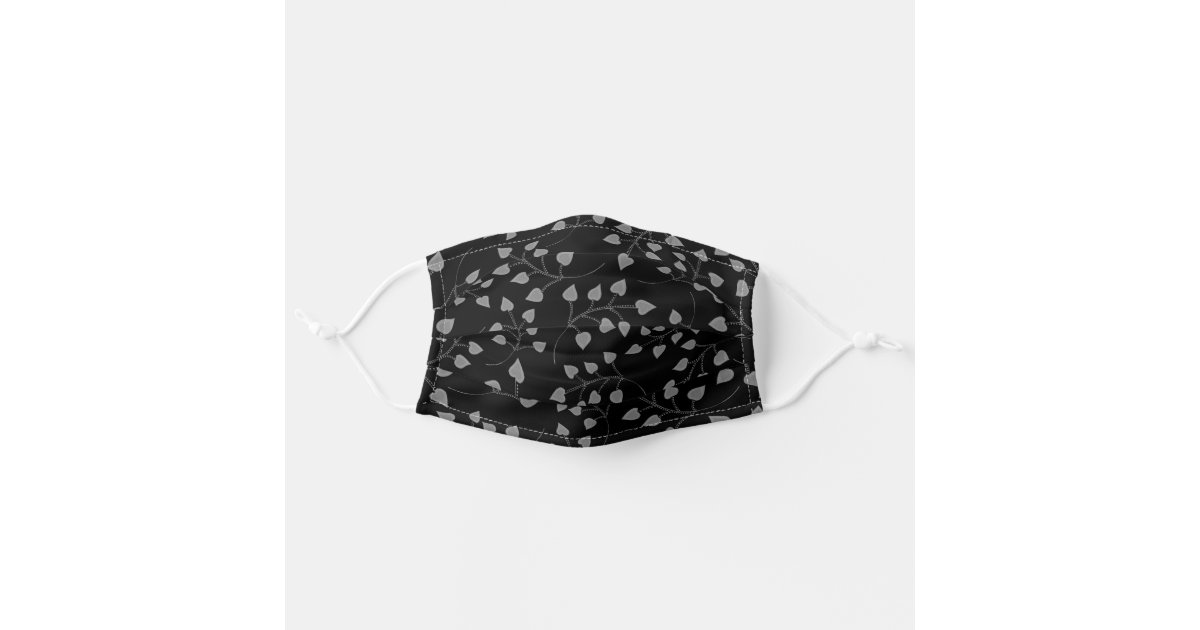 Black Grey Heart Shaped Leaf Vine Pattern Adult Cloth Face Mask | Zazzle