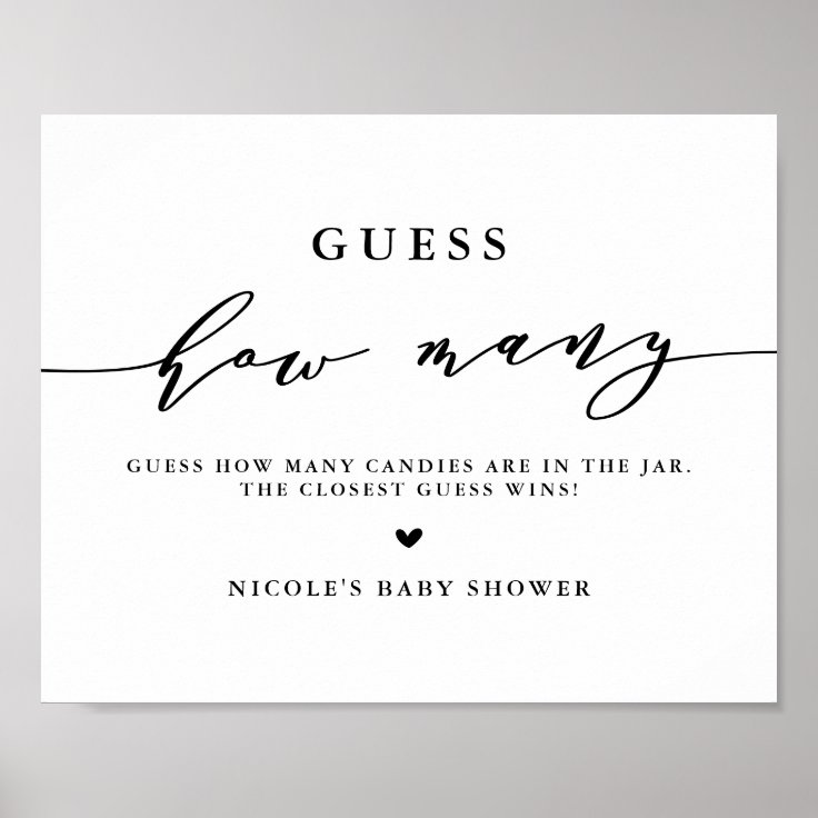 Black Guess How Many Candy Script Baby Shower Poster | Zazzle