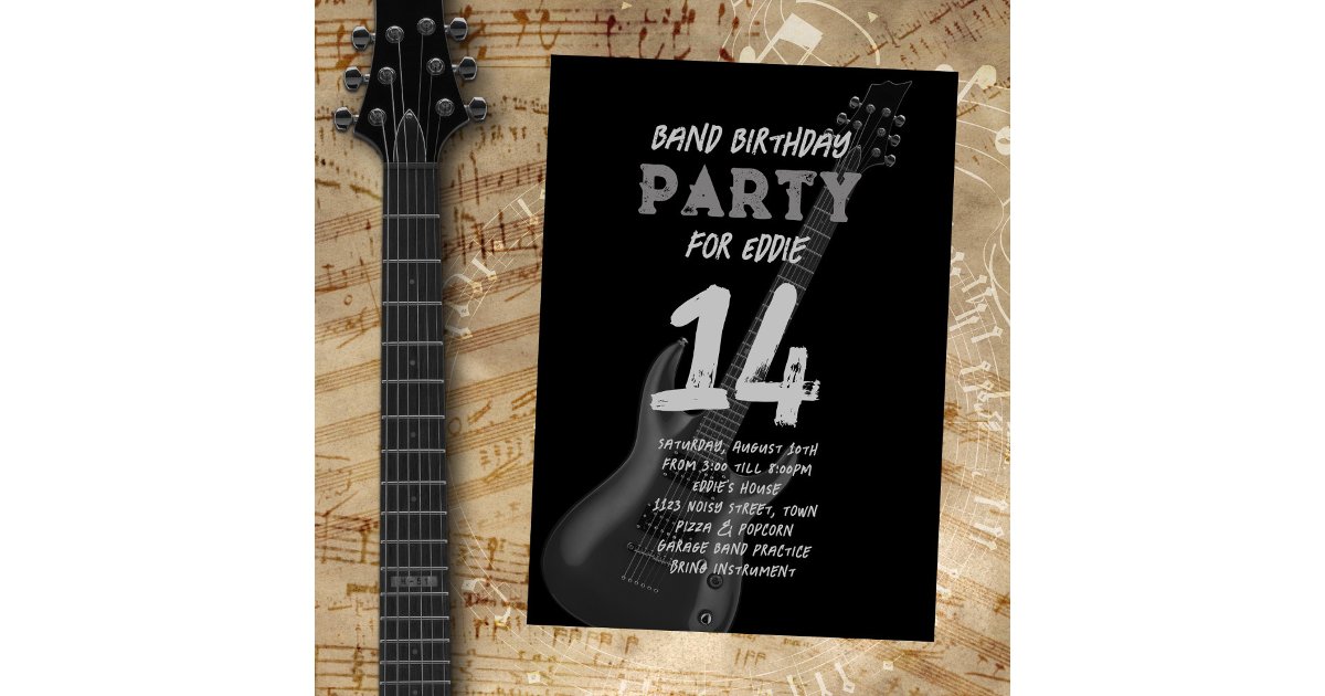 Black Guitar Band Birthday Teenager Invitation | Zazzle