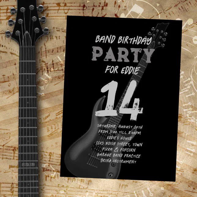 Black Guitar Band Birthday Teenager Invitation | Zazzle