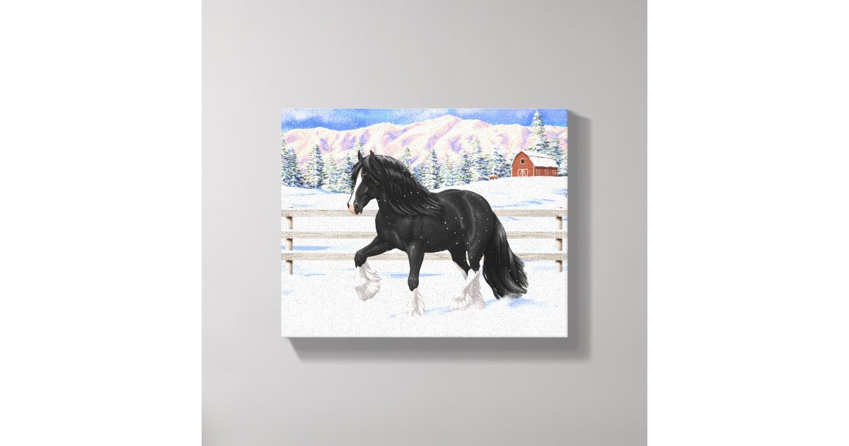 Black Gypsy Vanner Irish Cob Draft Horse In Snow Canvas Print | Zazzle
