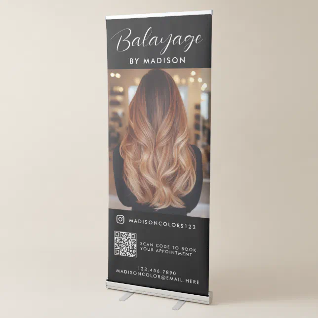 Black Hair Salon QR Code Photo Template Retractable Banner | Zazzle