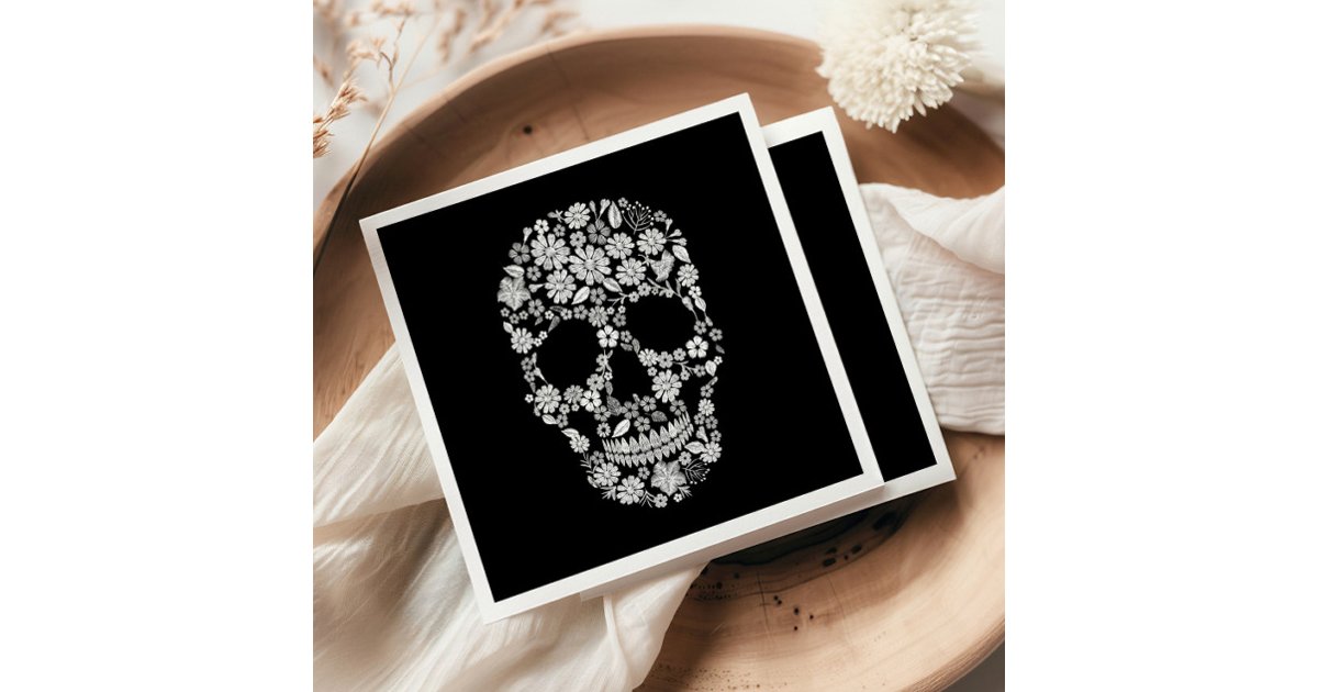 Black Halloween Flower Skull Napkins | Zazzle