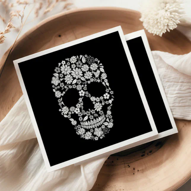 Black Halloween Flower Skull Napkins | Zazzle