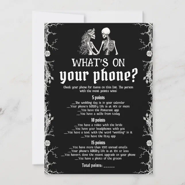 Black Halloween Skeleton What's On Your Phone Game Invitation | Zazzle